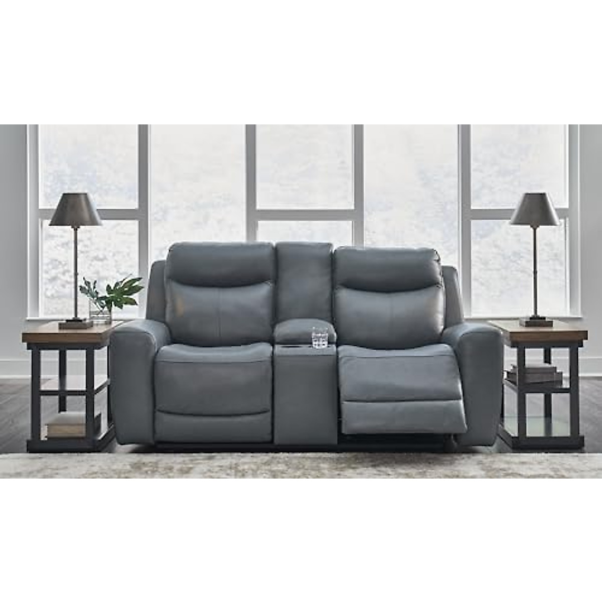 Signature Design by Ashley Mindanao Modern Leather Match Upholstered Power Reclining Loveseat with Console, USB Ports and Cup Holders, Gray