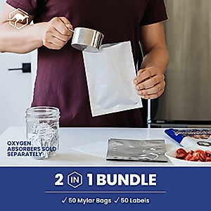 50x Wallaby 1-Pint Mylar Bag Bundle - (5 Mil - 6" x 8") Mylar Bags + 50x Labels - Heat Sealable, Food Safe, & Reliable Long Term Food Storage Solutions - Silver