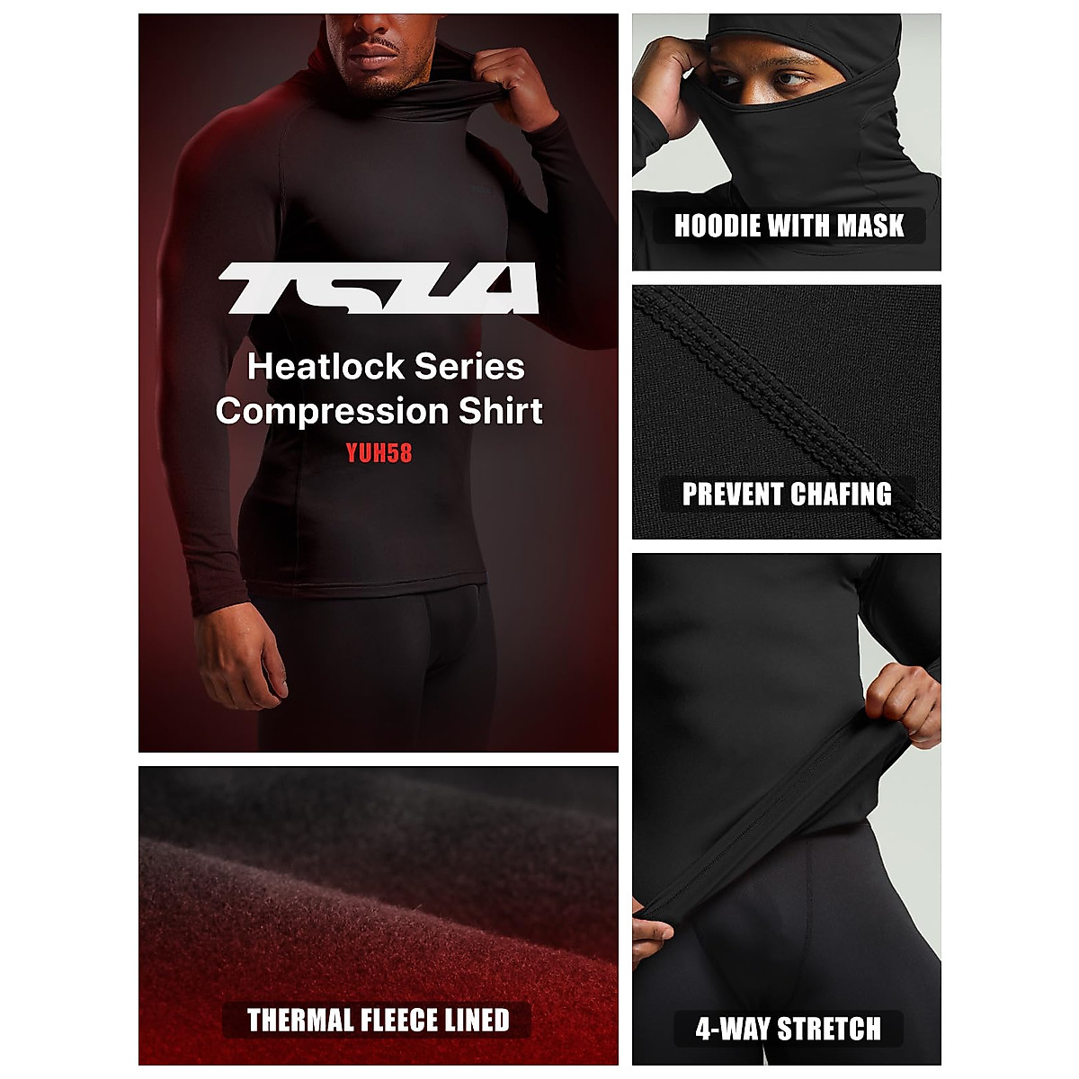 TSLA Men's Thermal Compression Shirts Hoodie with Mask, Long Sleeve Winter Sports Base Layer Top, Active Running Shirt, Heatlock Hoodie Black, Large