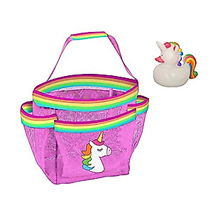TOP TRENZ Unicorn Rainbow Stripe Shower Caddy and Unicorn Rubber Ducky Bundle Set