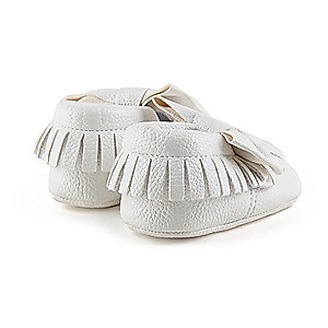 DELEBAO Infant Toddler Baby Soft Sole Tassel Bowknot Moccasinss Crib Shoes (3-6 Months, White)