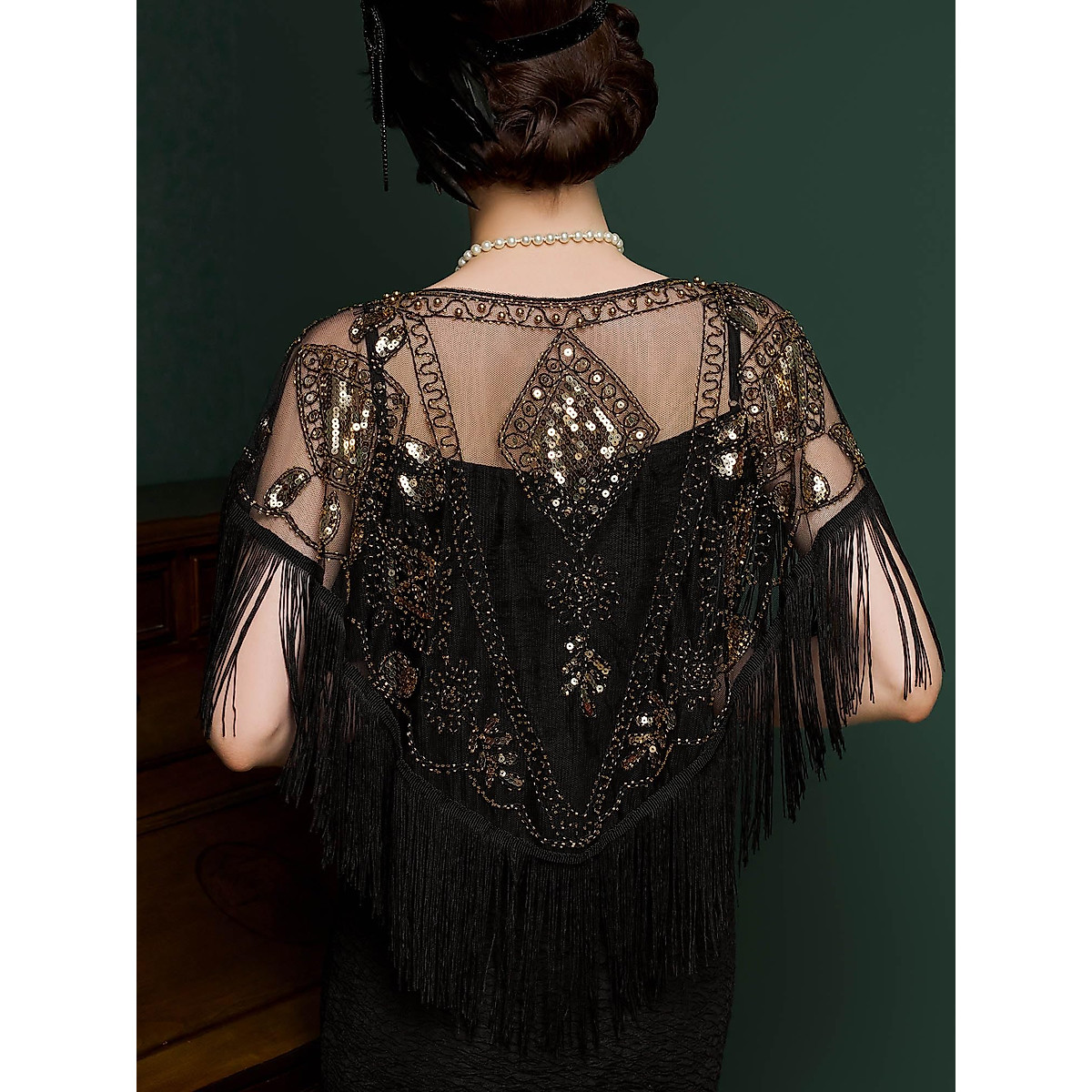 SWEETV Women's 1920s Shawl Wraps,Sequin Beaded Flapper Evening Shawls for women Formal/Party/Wedding/Formal/Harlem night,Flapper Accessories for Women,Black Gold