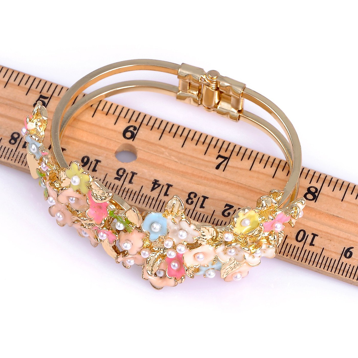 Alilang Faux Pearl Crystal Rhinestone Pastel Enamel Floral Flower Bridal Easter Bangle Cuff Bracelet