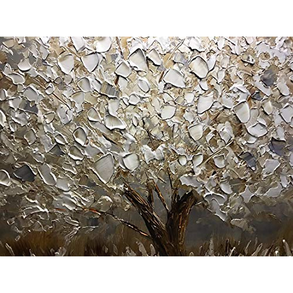 Boiee Art,24x48Inch Textured Hand Painted Canvas Paintings Silver Leaves Abstract Tree 3D Oil Paintings Landscape Artwork Modern Home Decor Wall Art Wood Inside Framed Hanging Wall Décor
