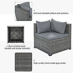 KASUE Outdoor PE Wicker Sofa 9-Piece Set - Perfect for Outdoor Spaces, Gardens, and Poolside, Gray Wicker, Gray Cushion