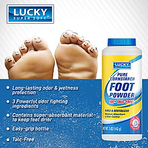 Lucky Super Soft Cornstarch Foot Powder, Talc-Free, Moisture Absorbing Odor Fighting Formula, Natural Protection Against Chafing - (12, 5-Ounce Bottles)