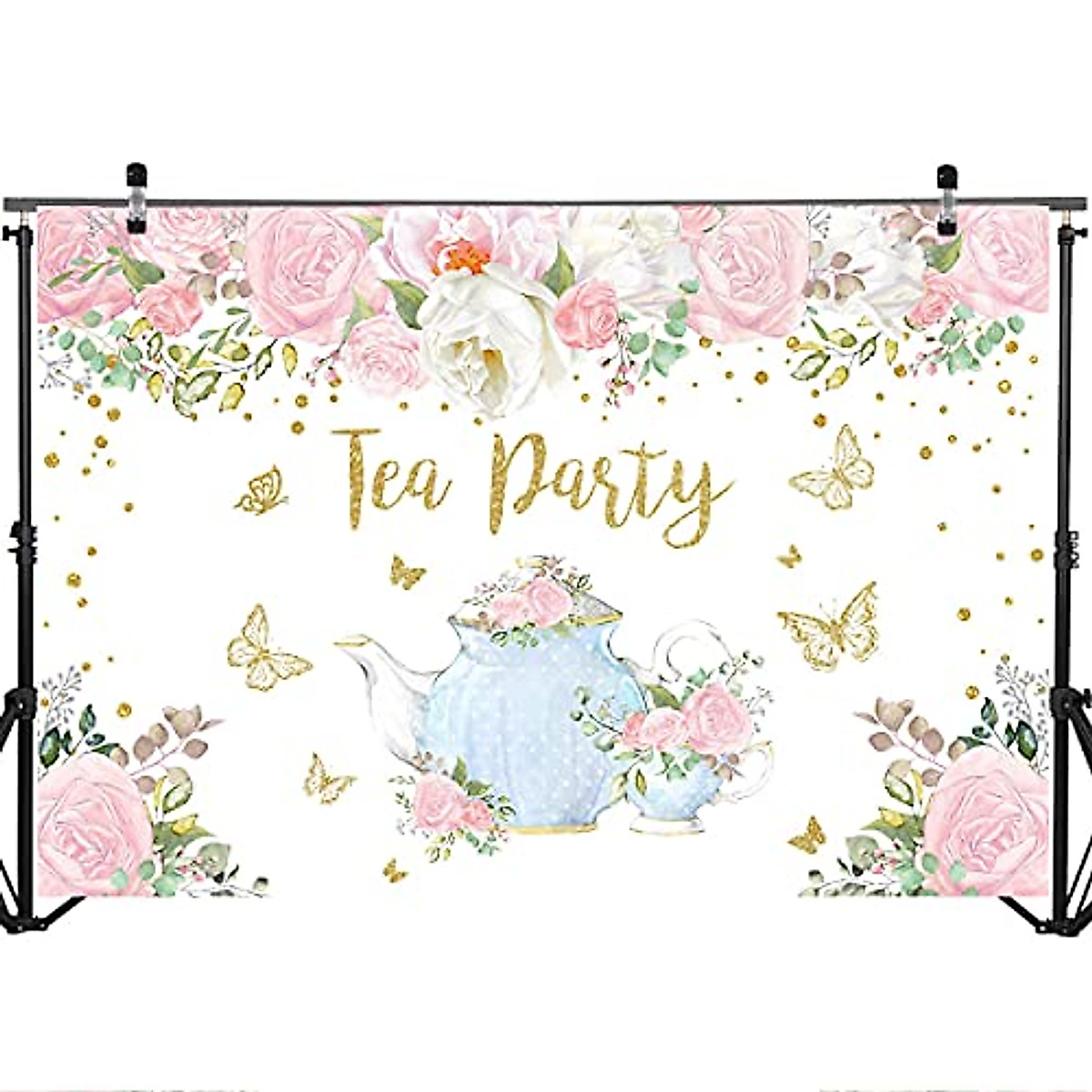 Mocsicka Tea Party Backdrop 7x5ft Princess Wonderland Floral Birthday Baby Shower Photo Backdrops Let's Partea Gold Butterfly Tea Time Photography Background