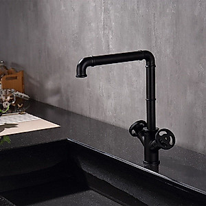 KunMai Industrial Pipe Style Single Hole Kitchen Faucet with Double Handle in Matte Black