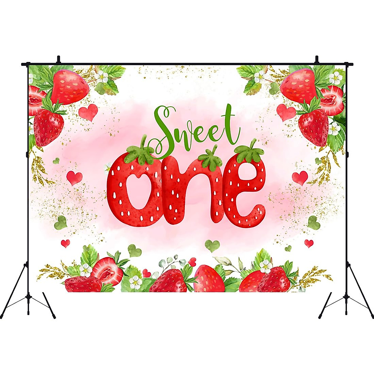 Aperturee 7x5ft Strawberry 1st Happy Birthday Backdrop for Girl Sweet One Photography Background First Birthday Party Berry Sweet Girl 1st Bday Red and Green Fruits Banner Favors Photo Booth Props