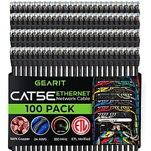 GearIT 100-Pack, Cat5e Ethernet Patch Cable 3 Feet - Snagless RJ45 Computer LAN Network Cord, Black - Compatible with 48 Port Switch POE Rackmount 48port Gigabit