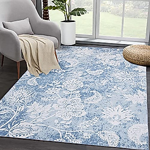 Fashionwu Washable Rug 8x10 Floral Large Area Rug Boho Disstressed Medallion Carpet for Bedroom Living Room 8x10 Area Rug Aesthetic Floor Cover Non-Shedding Anti-Slip Floor Carpet, Blue