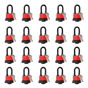 Heavy Duty Covered Laminated Steel Keyed Padlocks, Keyed Alike Locks, Waterproof Padlock for Outdoor use, 1-9/16 inch Wide Body, Long Shackle-Pack of 20