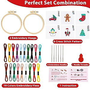 ZOIIWA 6PCS Christmas Cross Stitch Kits for Beginners DIY Embroidery Kit for Kids Adults Needlepoint Starter Kits Craft with Santa Snowman Gingerbread Man Socks Christmas Tree Truck Craft Supplies