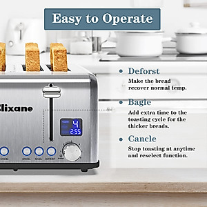 Toaster 4 Slice,1.5"Extra Wide Slot Stainless Toaster with Bagel Defrost Cancel Function, Dual Screen, Removal Crumb Tray (Stainless steel)