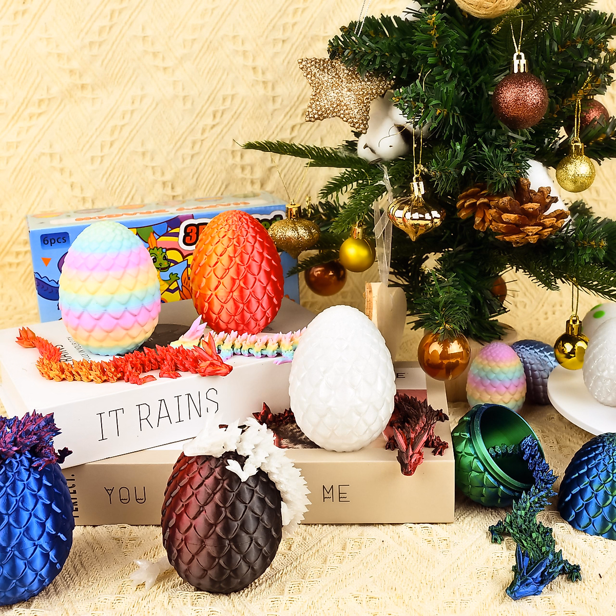 Impossmaker 6PCS 3D Printed Easter Dragon Eggs with 3D Printed Dragon Inside, Easter Basket Stuffers Mini Dragon Egg Set Articulated Crystal Dragon Fidget Toy for Adults Teens