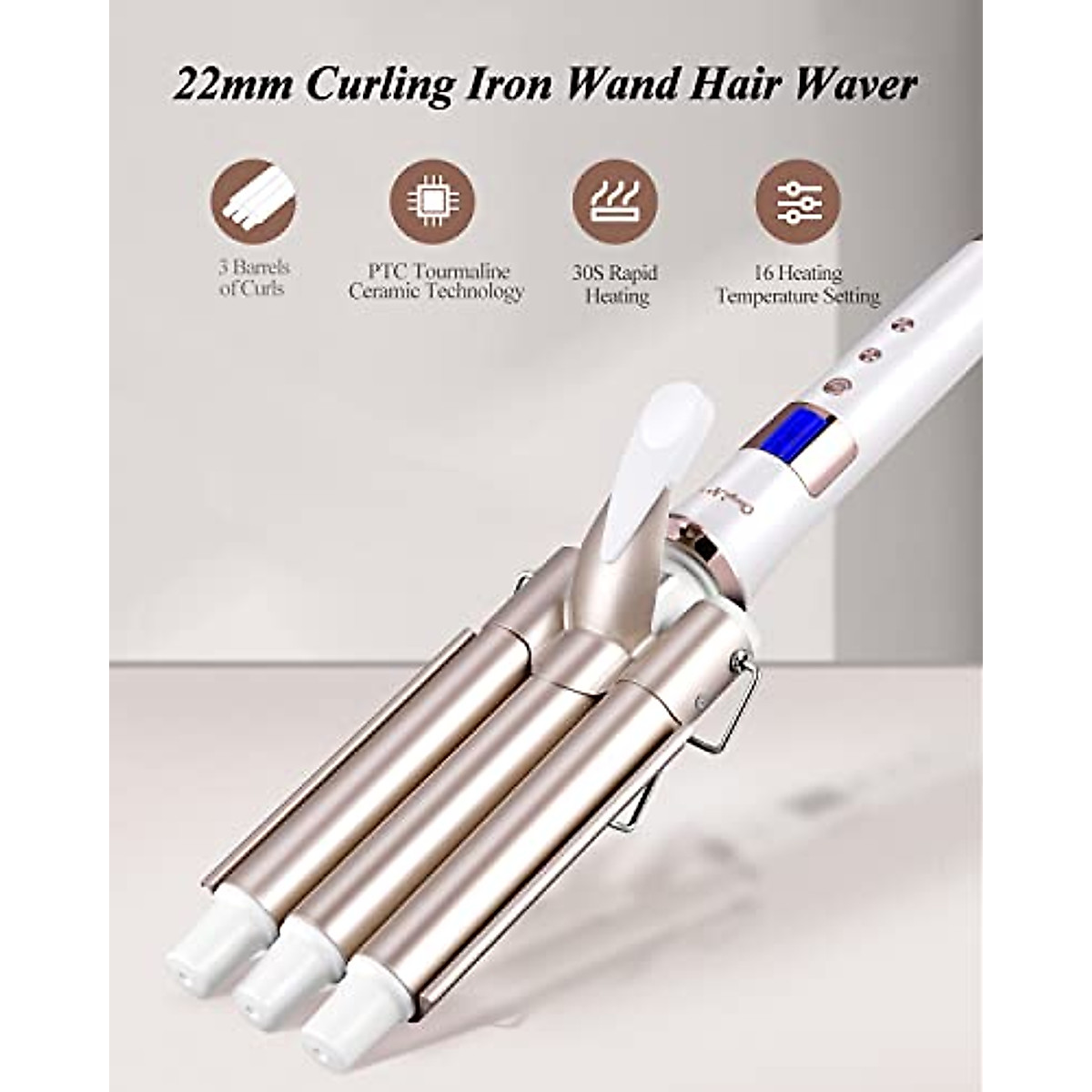 CkeyiN 3 Barrel Curling Iron Wand Hair Waver with LCD 16 Temperature Control Display, Ceramic Tourmaline Crimper Hair Iron with Glove, for All Hair Types Crimper Beach Waving Styling (Display)