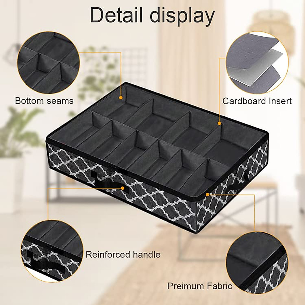 Under Bed Shoe Storage Organizer Fits Large Capacity Shoes Jumbo Slots Underbed Shoe Rack Bin Container Clear Window Lid ,Men Sneakers,Women High Heels,Short Boots Set of 2 Fits 20 Pairs (Black )