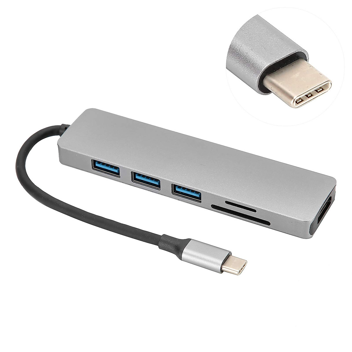 Type C to HD Multimedia Interface Hub Adapter, 6 in 1 Aluminum Alloy Converter USB3.0 Video Audio Interface with Over Current Detection Protection