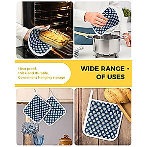 Floral Potholders Set Kitchen Heat Resistant Cotton Coasters Hot Pads Pot Holders Set of 5 for Everyday Cooking and Baking 8 x 8 Inch - Graphic Daisy Blossoms on Blue Background