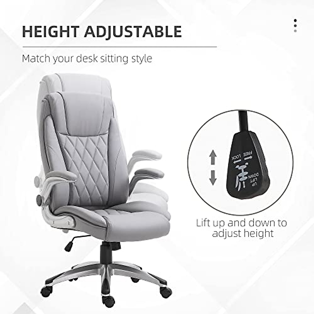 Vinsetto High Back 360° Swivel Ergonomic Home Office Chair with Flip Up Arms, Faux Leather Computer Desk Rocking Chair, Grey