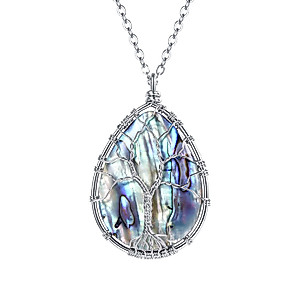 Long Necklaces for Women Abalone Necklaces Boho Jewelry Stainless Steel Tree of Life Wire Wrapped Light Blue Teardrop Abalone Shell Pendant 29.5+2Inch