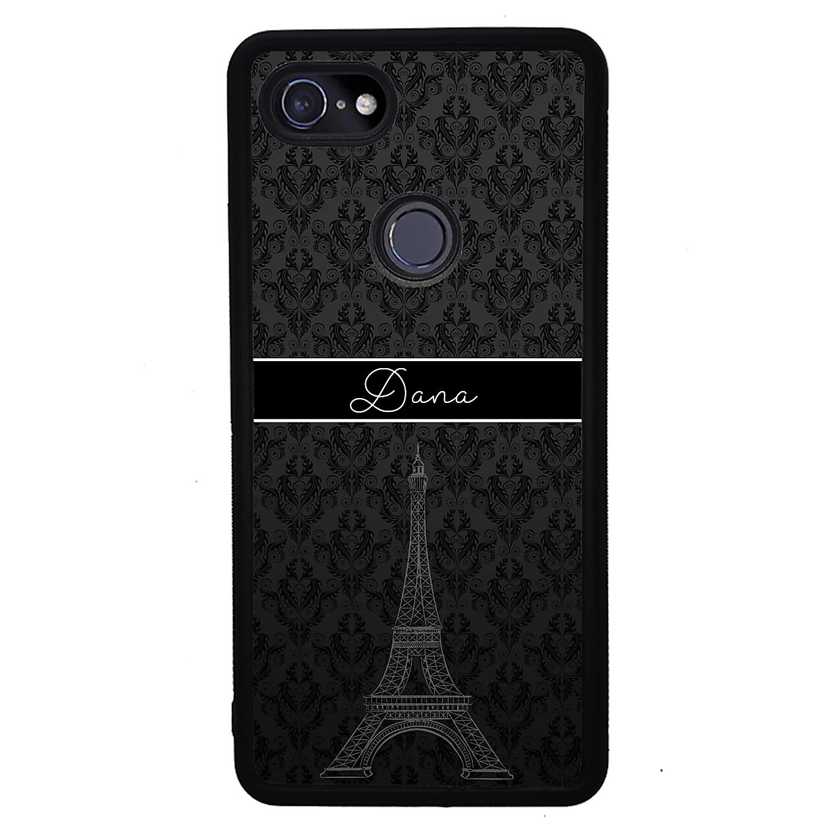 Paris Eiffel Tower Personalized Black Rubber Phone Case Compatible With Google Pixel 8 Pro, 8a, 8, 7a, 7, Pixel 7 Pro, 6a, Pixel 6 Pro, 6, 5, 4a 5G, 4a 4G, 4, 4 XL, 3a, 3a XL, 3, 3 XL, 2