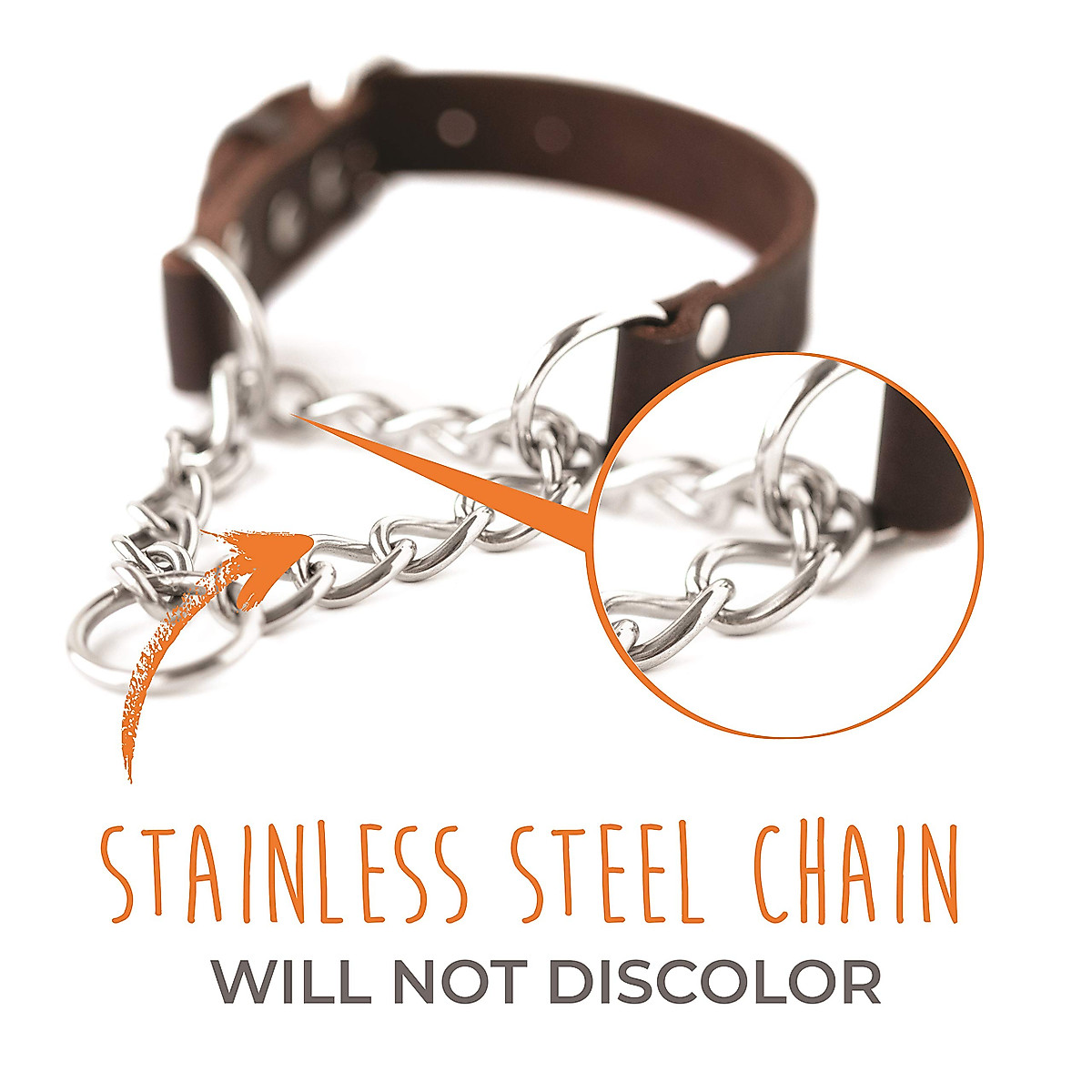 Mighty Paw Martingale Dog Collar - No Pull Design - Stainless Steel Chain - Limited Chain Cinch Training - Dog Collar Leather Martingale - Brown Leather Martingale Training Collar - Large Size Collar