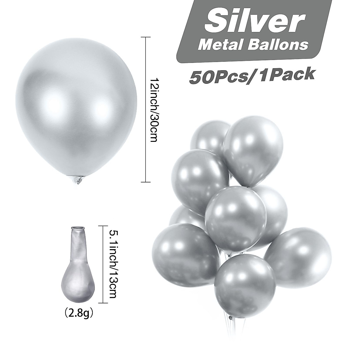 oditton Silver Balloons, 50PCS Birthday Balloons, Radiant Finish Balloons, 12inch(30cm) 100% Latex Helium Balloons, Exciting Party Graduation Baby Shower Wedding Holiday Balloon Decoration