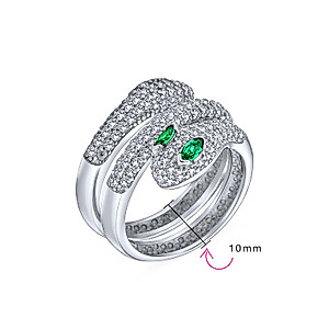 Bling Jewelry Egyptian Style Exotic Formal CZ Micro Pave Simulated Emerald Green Eye Wrapping Stackable Bypass Wrap Wide Statement Serpent Snake Ring for Women Open Adjustable .925 Sterling Sliver