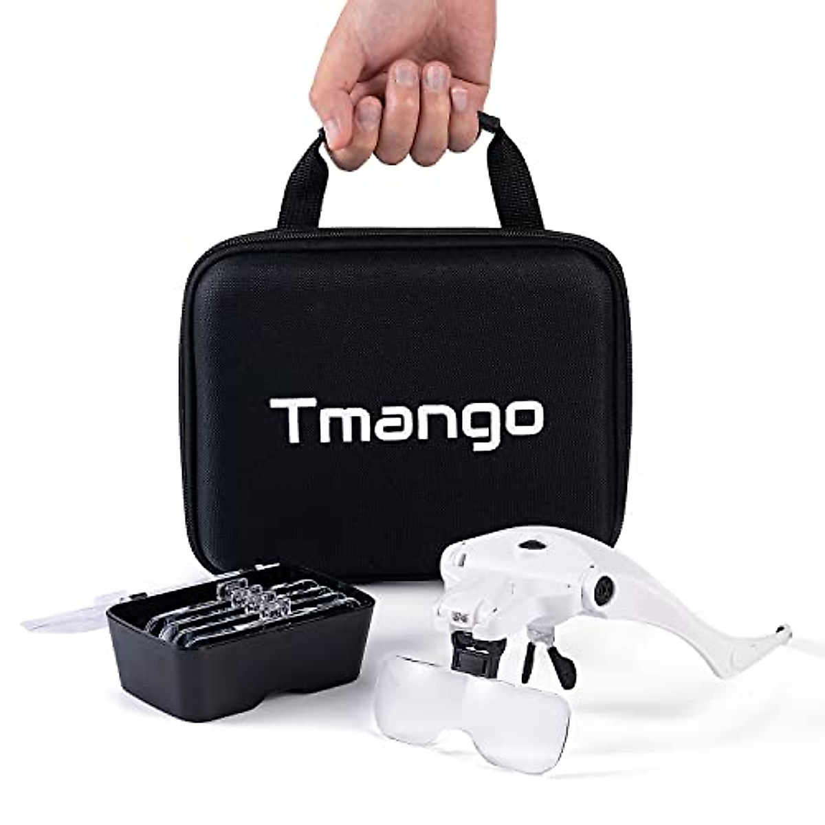 TMANGO Magnifying Glasses with LED Lights,Storage Case | Rechargeable Head Mount Magnifier for Close Up Work, Cross Stitch, Watch Repair, Jewelry，Hobby Crafts,Reading Aid