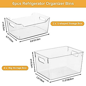Set of 6 Clear Plastic Organizer Storage Bins, Perfect Kitchen Organization or Pantry Storage - Fridge Organizer, Cabinet Storage Bins for Kitchen, Countertops, Bedrooms, Bathrooms