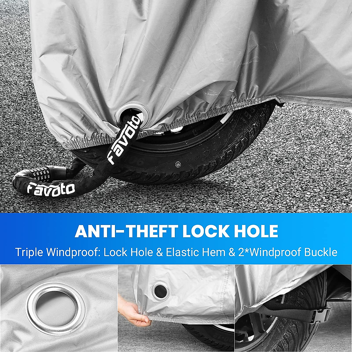 Favoto Motorcycle Cover Waterproof Outdoor - All Season Sun Protection with Lock-Holes Rain Snow Windproof Dustproof Universal Fit Motorbikes Vehicle Moped Cover, 96.5" x 41" x 50"