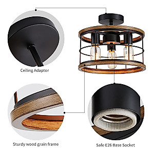 LOOYD Semi Flush Mount Ceiling Light Fixture Vintage Ceiling Light Farmhouse Ceiling Light Metal Cage Ceiling Lamp for Kitchen Dining Room Hallwa Bedroom Living Room (Wood Grain)