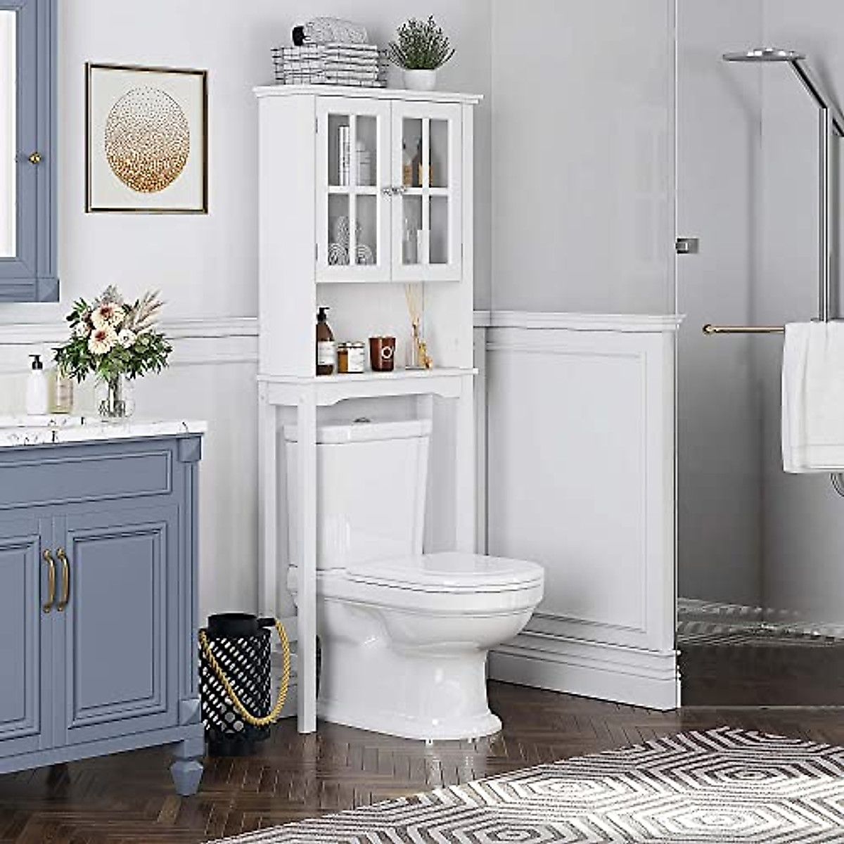 Spirich Bathroom Storage Cabinet Over Toilet, Over Toilet Storage Shelf Cabinet with Windowpane Glass Doors, Free Standing Space Saver Cabinet, White