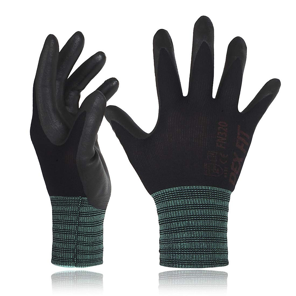 DEX FIT Premium Nylon Nitrile Work Gloves FN320, 1 Pair, 3D-Comfort Stretchy Fit, Firm Grip, Thin & Lightweight, Durable, Breathable & Cool, Machine Washable; Black 8 (M)