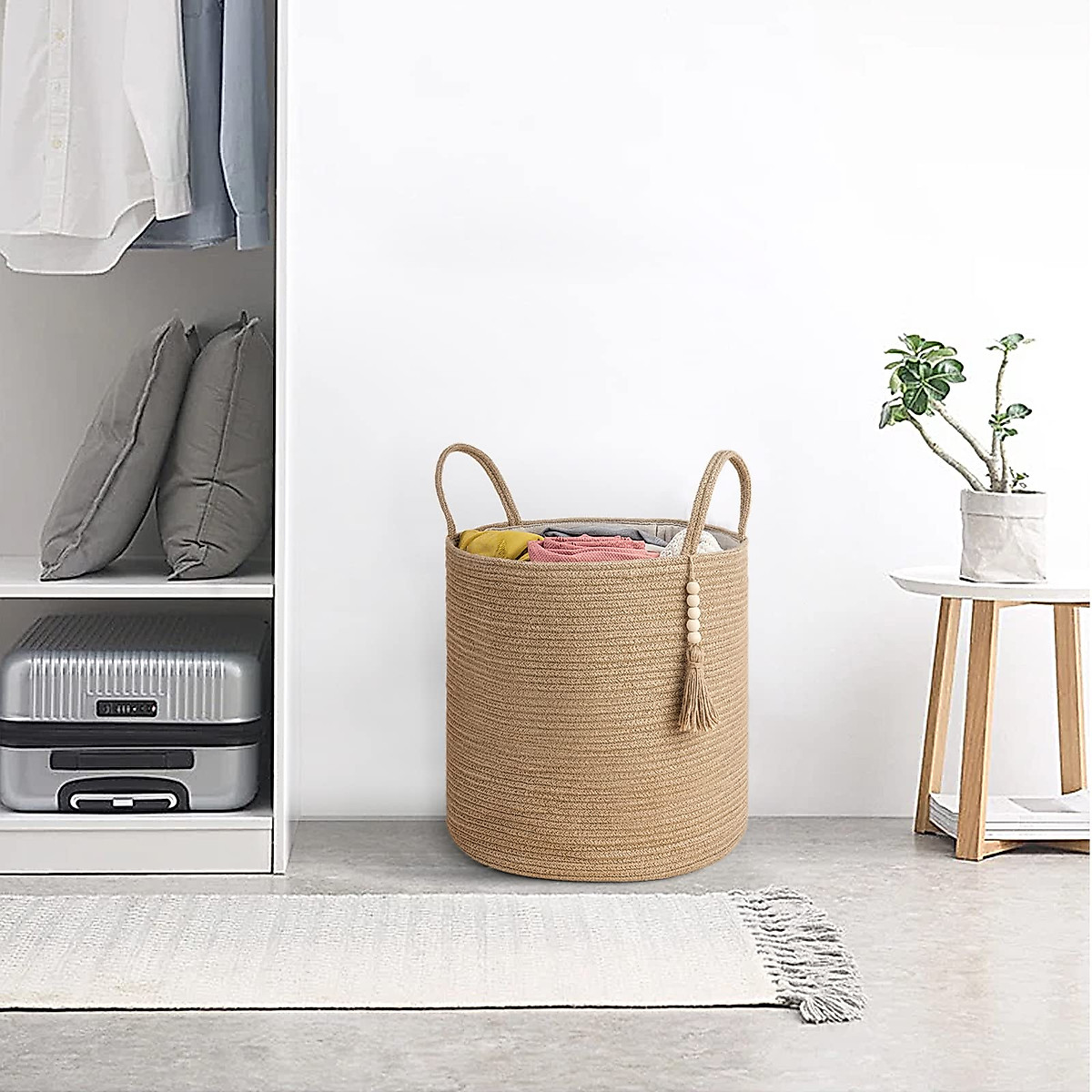 Mkono Tall Wicker Laundry Basket Woven Storage Basket Decorative Natural Rope Basket Wooden Bead Decoration for Blankets,Toys,Clothes,Shoes,Plant Organizer Bin with Handles Living Room 15"Wx17.7"L