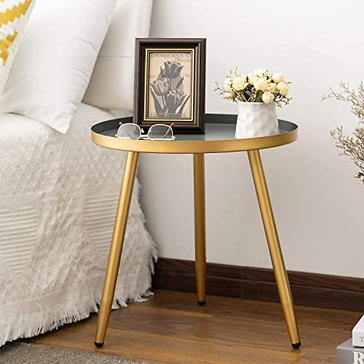 AOJEZOR Round End Table Ideal for Any Room, Metal Structure Side Tables Great For Living Room, Bedroom, Indoor, Outdoor, Matte Gray Tray with 3 Gold Legs Accent