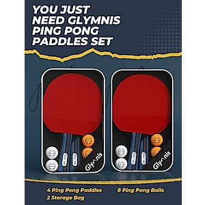Glymnis Ping Pong Paddles Set of 4 Table Tennis Rackets with 8 Balls, Storage Case for Indoor Outdoor Table Tennis Paddle Game Accessories
