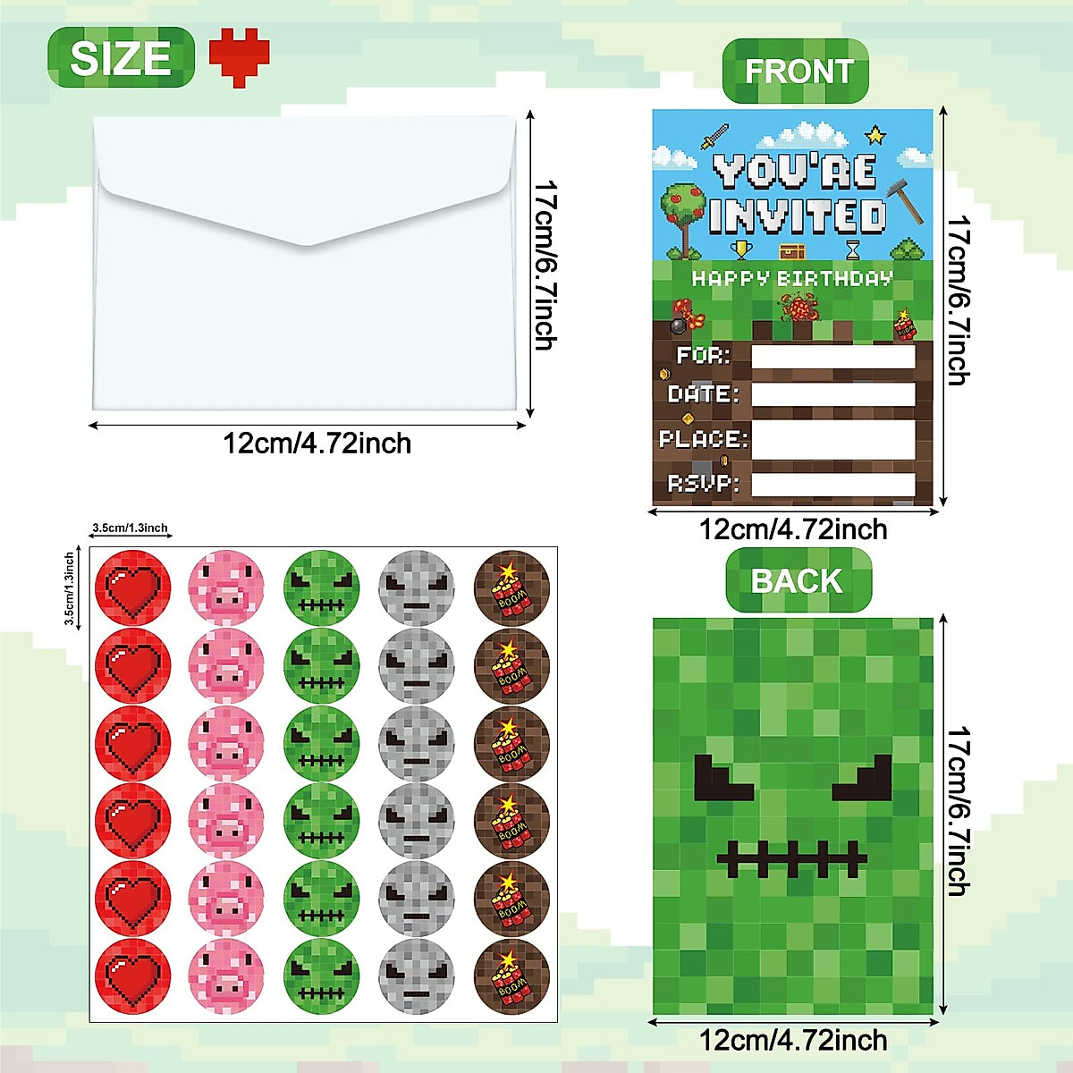 ZOIIWA Pixel Party Invitations with Envelopes, 30 Pieces, Video Game Themed Birthday Party Decorations