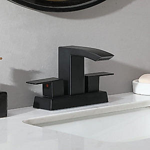 Friho Rectangular Spout 4 Inch Two Handle Centerset Matte Black Bathroom Faucet,Waterfall Bathroom Sink Faucet Lavatory RVs Vanity Faucets for Sink 3 Hole with Water Hoses and Pop up Drain