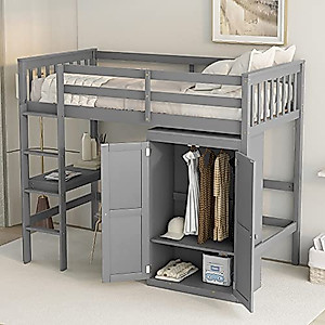BIADNBZ Wooden Loft Bed with Desk and Wardrobe, Twin Size Loftbed Frame with Storage Closet&Bulid-in Ladder, for Kids Teens Bedroom, Gray