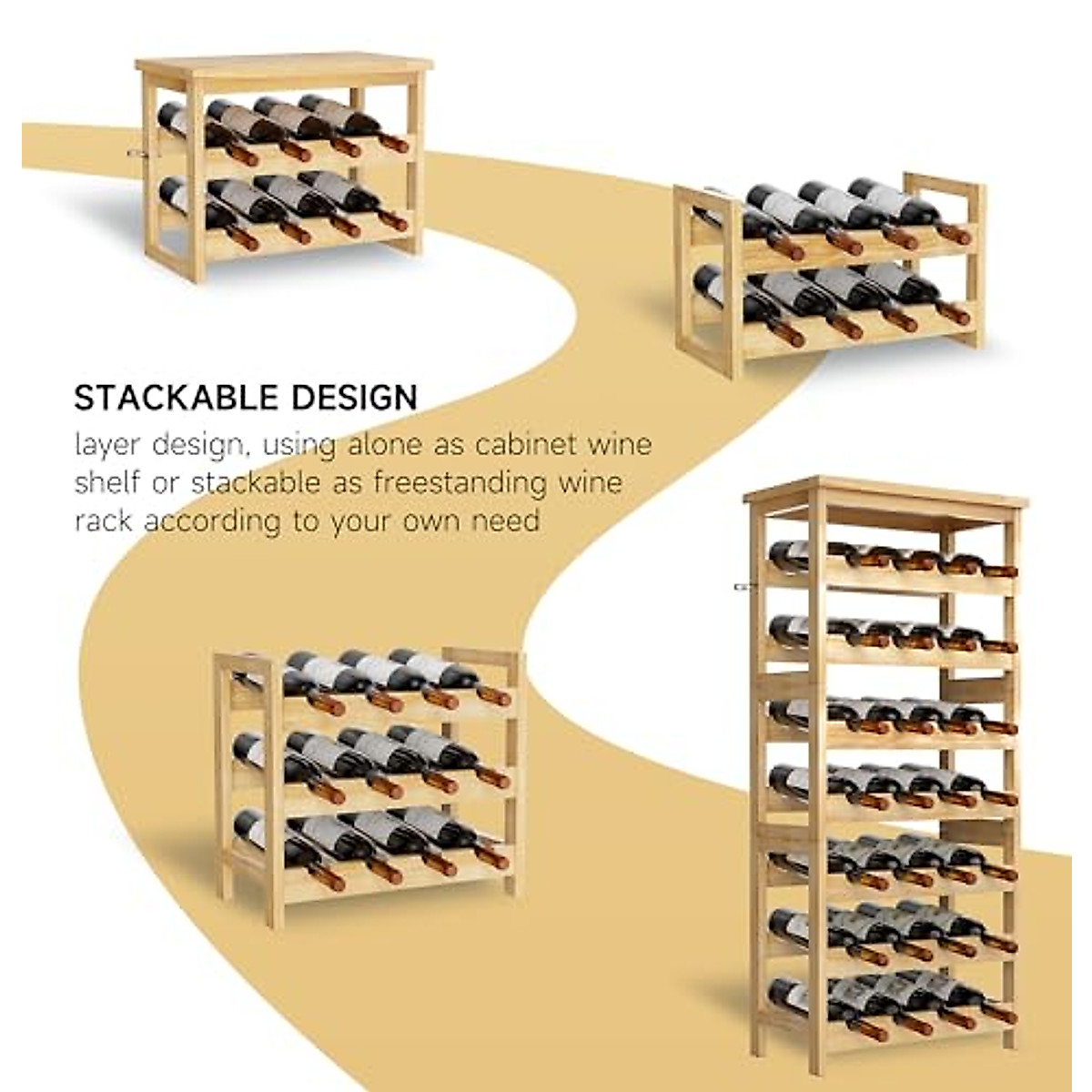 28-Bottle Wine Rack Free Standing Floor, Solid Wood 7-Tier Display Wine Storage Shelves with Tabletop, Wobble-Free Bottle Holder for Cellar Kitchen Bar Dining Room Living Room, Oak