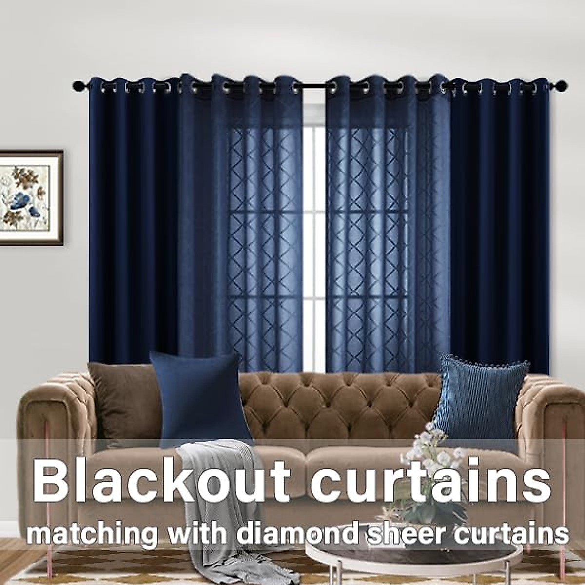 KOUFALL Navy Blue Curtains 84 Inch Length for Living Room 2 Panels Set Grommet Semi Sheer Light Filtering Curtains for Bedroom