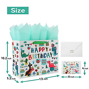 13" Large White Gift Bag Set with Greeting Card and Tissue Paper (Green Dinosaur Design and Happy Birthday) for Boys, Girls, Kids Party, Baby Showers