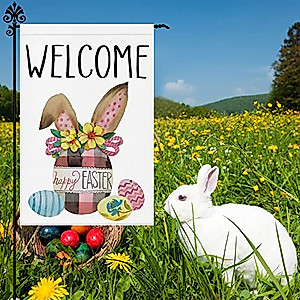 Welcome Easter Garden Flag: Bunny Ear with Eggs Spring Yard Flag 12 x 18 Inch Easter House Decor for Outdoor Holiday Seasonal Party