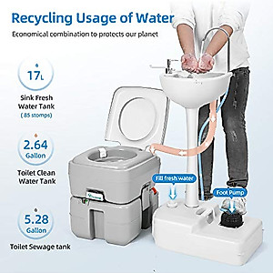YITAHOME Portable Sink and Toilet, 17 L Hand Washing Station & 5.3 Gallon Flush Potty,for Outdoor,Camping, RV, Boat, Camper, Travel,Grey white