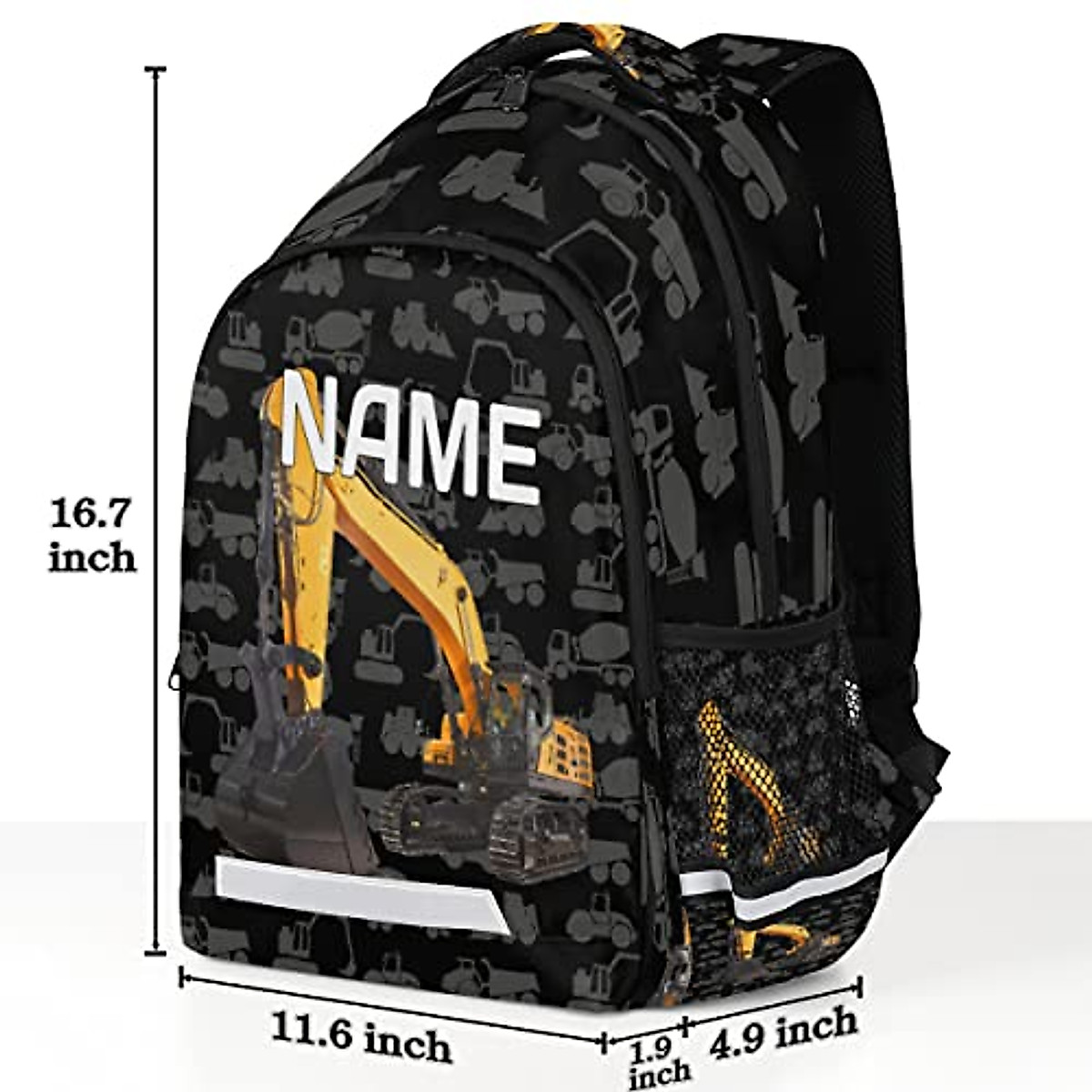 OMFUNS Excavator Truck Custom Name School Backpack for Boy Girl Teen Cool Car Personalized Student Bookbag for Primary Junior College Customized Laptop Backpack for Men Women