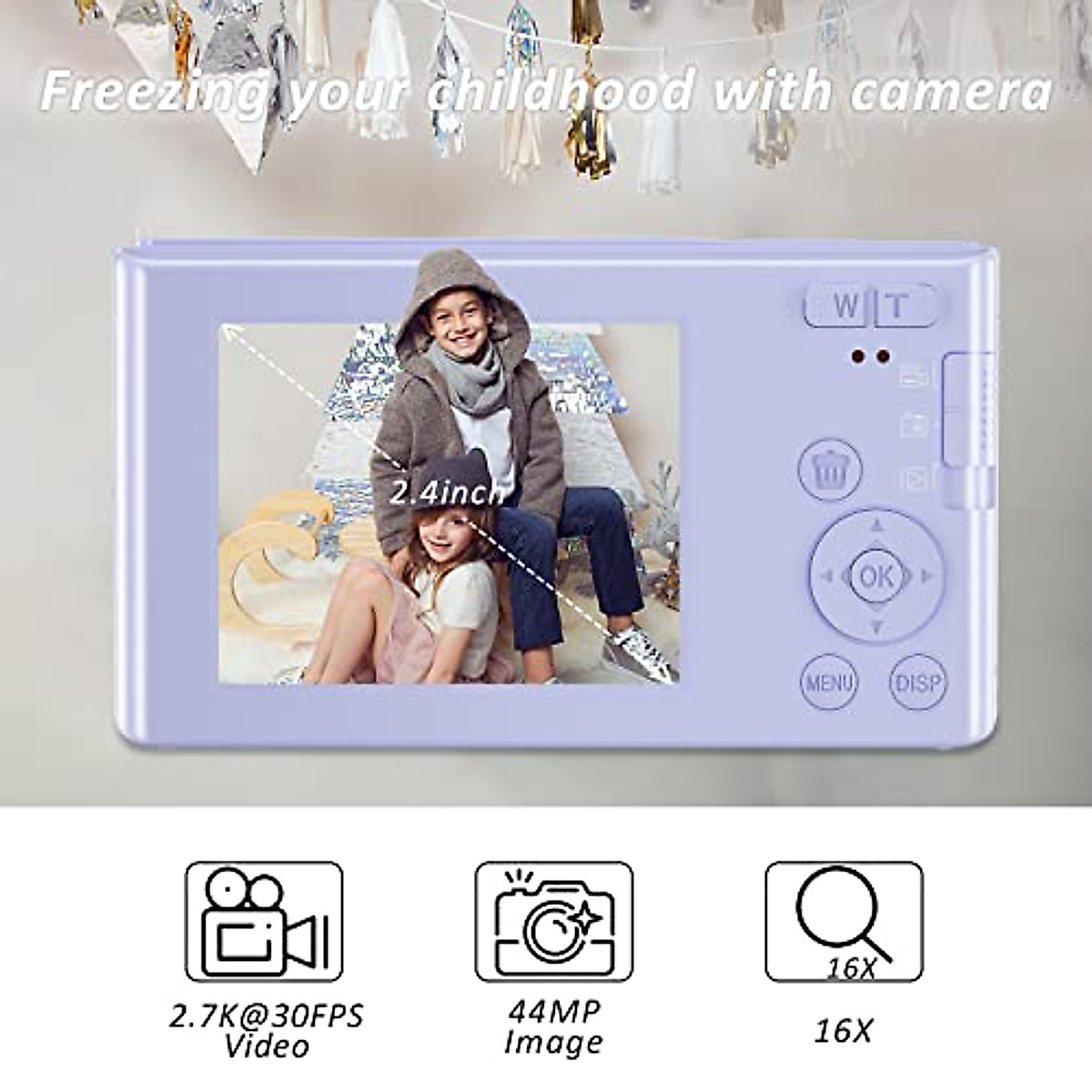 Digital Camera 4K 44MP with 32GB SD Card, 2.4 Inch Point and Shoot Camera with 16X Digital Zoom, Compact Mini Camera Kids Camera for Teens Boys Girls Adults Students Seniors(DC6-X3 Purple1)