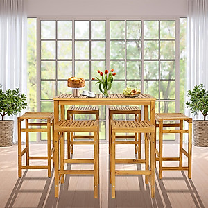 HAPPYGRILL Outdoor Wood Bar Stools Set of 2, Patio Bar Stools with Ergonomic Seat & Comfortable Footrest, Acacia Wood Bar Stools, 30-Inch Bar Height Stools for Garden Deck Balcony Poolside