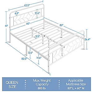 Topeakmart Queen Bed Frames Metal Platform Bed with Sparkling Star-Inspired Design Headboard and Footboard/13 Inch Underbed Storage/No Box Spring Needed/Sturdy Slat Support, White Queen Bed